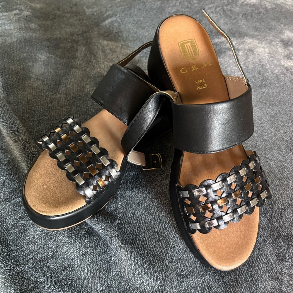 Rare German Black Leather Gk Mayer Sandals W Gold Acc… - Gem